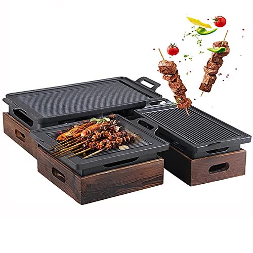 Helikim Portable BBQ Grill, Japanese-Korean Household Wooden Alcohol Stove BBQ Grill with Wooden Base for Indoor Dining Table, Camping, Outdoor Garden BBQ,23cm