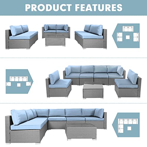 SOLAURA 7-Piece Outdoor Patio Furniture Set, Gray Wicker Conversation Furniture Modular Sectional Sofa Set with YKK Zipper &Coffee Table - Sky Blue