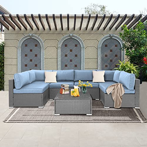 SOLAURA 7-Piece Outdoor Patio Furniture Set, Gray Wicker Conversation Furniture Modular Sectional Sofa Set with YKK Zipper &Coffee Table - Sky Blue