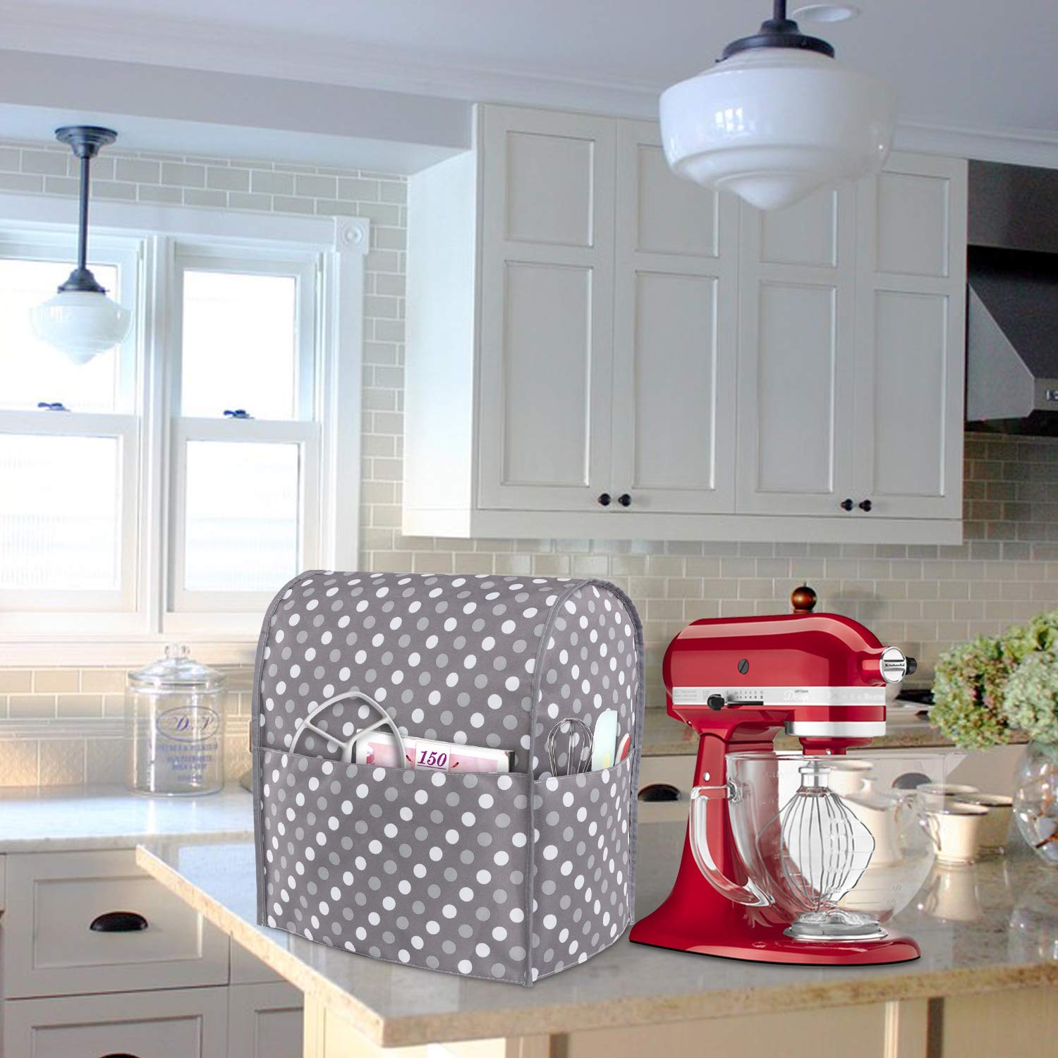 Luxja Dust Cover Compatible with 4.5-Quart and 5-Quart Stand Mixer, Cloth Cover with Pockets for Stand Mixer and Extra Accessories, Gray Dots