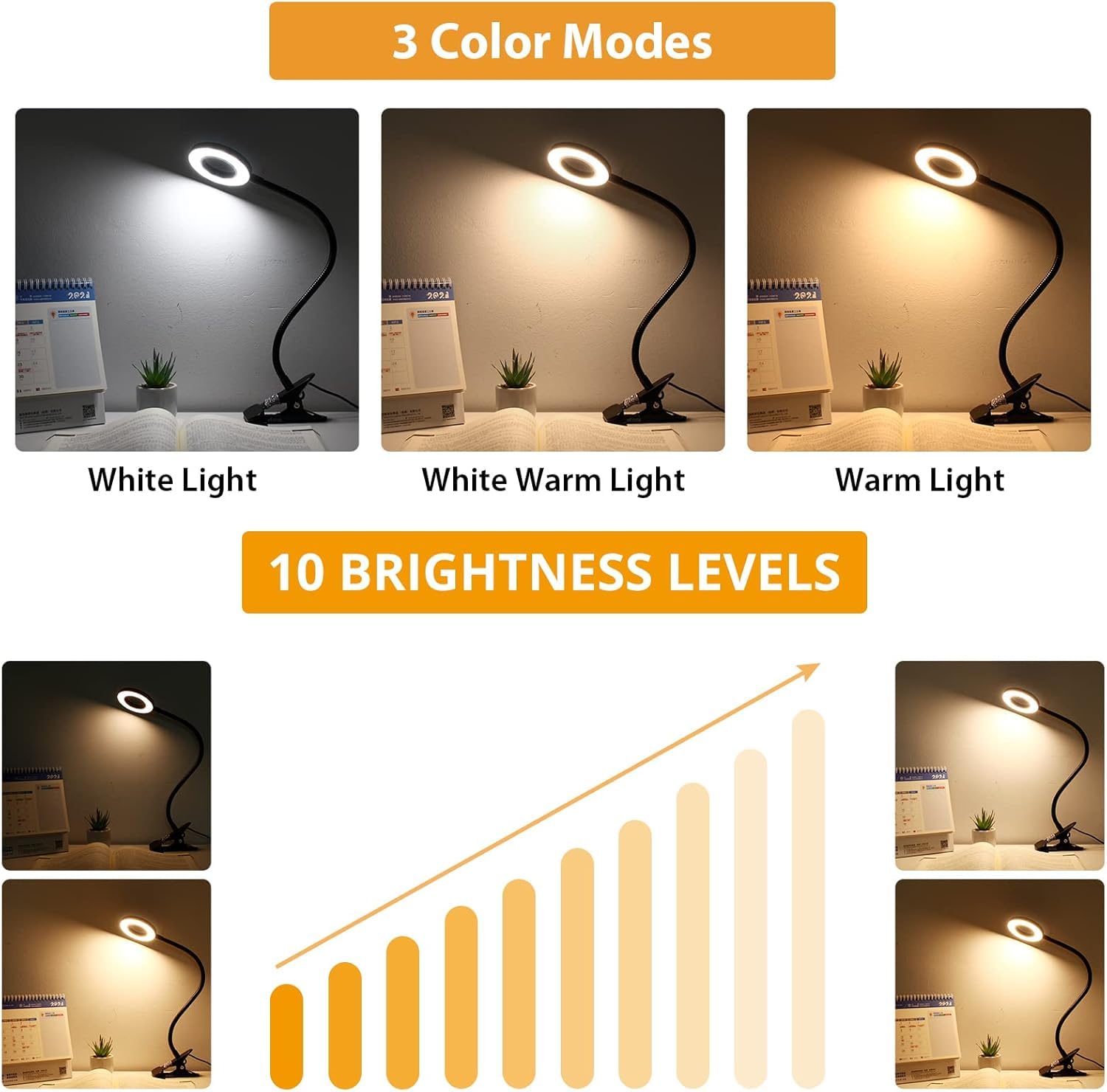 iVict Clip on Ring Light, USB Desk Lamp with 3 Color Modes, 10 Brightness Levels, Eye Protection LED Desk Light, 360° Flexible Gooseneck LED Desk Lamp for Desk Headboard and Video Conferencing