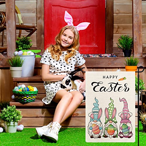 YOVOYOA Happy Easter Rabbit Bunny Gnomes Garden Flag 12.5 x 18 Inch Double Sided Welcome Pees Easter Eggs Flag, Easter Farmhouse Decor