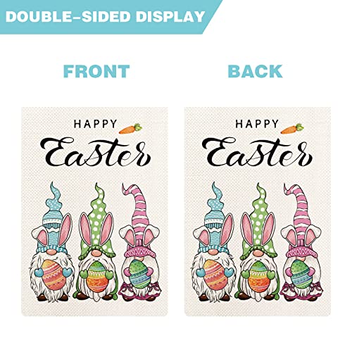 YOVOYOA Happy Easter Rabbit Bunny Gnomes Garden Flag 12.5 x 18 Inch Double Sided Welcome Pees Easter Eggs Flag, Easter Farmhouse Decor