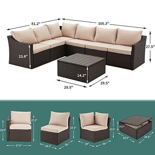 HOMREST 7 Piece Patio Furniture Sets, Outdoor Sectional Set with Adjustable Bracket, PE Rattan Patio Conversation Set, Sofa Set with Storage Coffee Table, for Garden, Lawn, Balcony