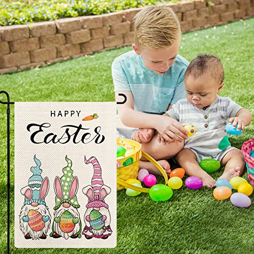 YOVOYOA Happy Easter Rabbit Bunny Gnomes Garden Flag 12.5 x 18 Inch Double Sided Welcome Pees Easter Eggs Flag, Easter Farmhouse Decor