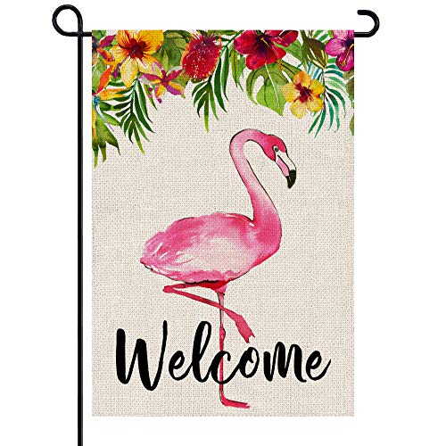 Flamingo Welcome Garden Flag Tropical Pink Flamingo Lawn Yard Outside Outdoor Flag (12x18, Double Sided)