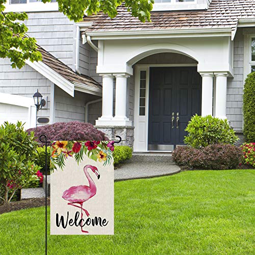 Flamingo Welcome Garden Flag Tropical Pink Flamingo Lawn Yard Outside Outdoor Flag (12x18, Double Sided)