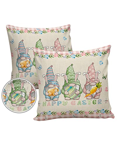 Vandarllin Outdoor Throw Pillows Covers 18X18 Set of 2 Waterproof Gnome Easter Eggs Bunny Decorative Zippered Lumbar Cushion Covers for Patio Furniture, Pink Buffalo Plaid