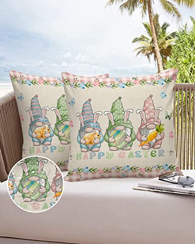 Vandarllin Outdoor Throw Pillows Covers 18X18 Set of 2 Waterproof Gnome Easter Eggs Bunny Decorative Zippered Lumbar Cushion Covers for Patio Furniture, Pink Buffalo Plaid