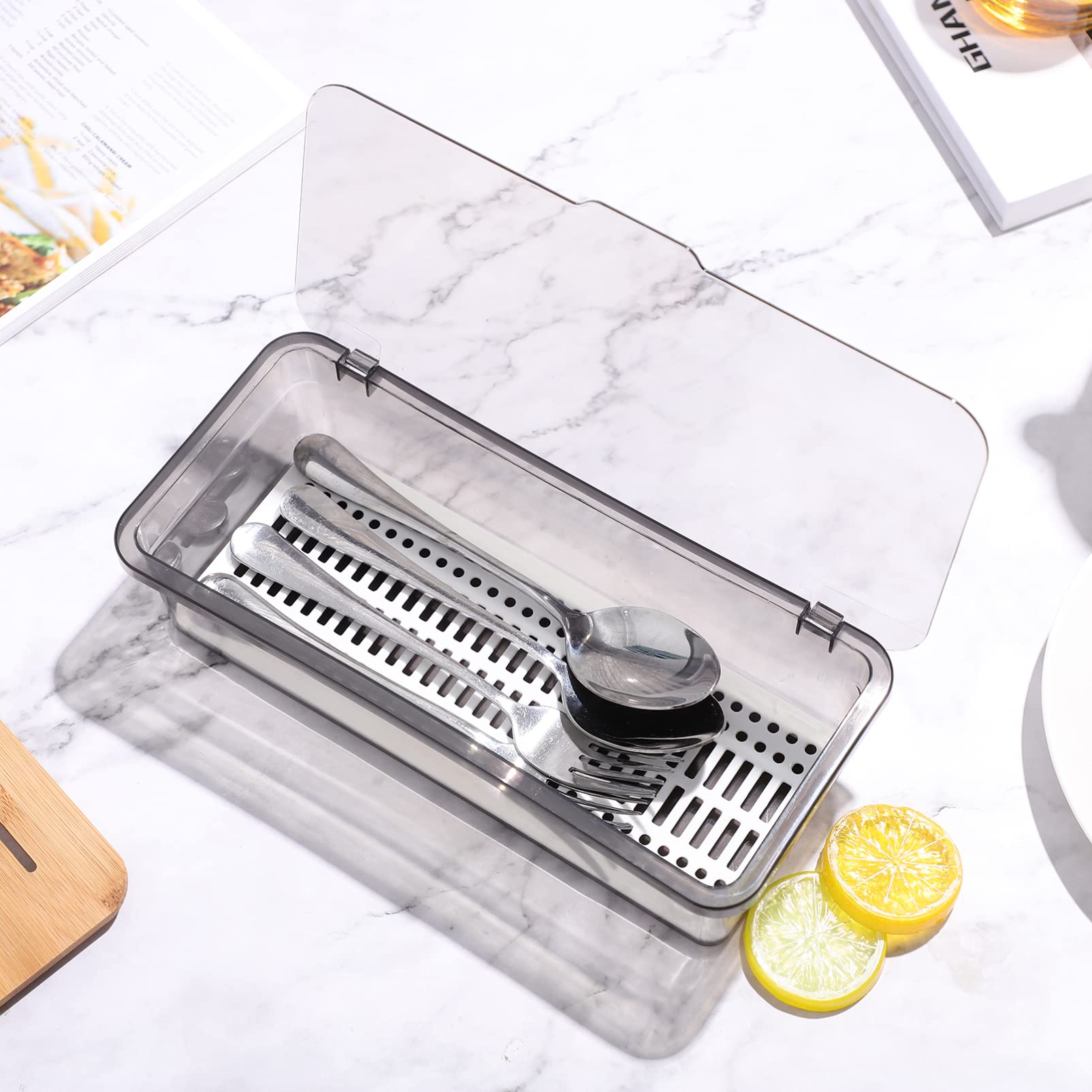 Hemoton Flatware Organizers Flatware Plastic Tray Kitchen Drawer Organizer with Lid and Drainer for Utensils Holder