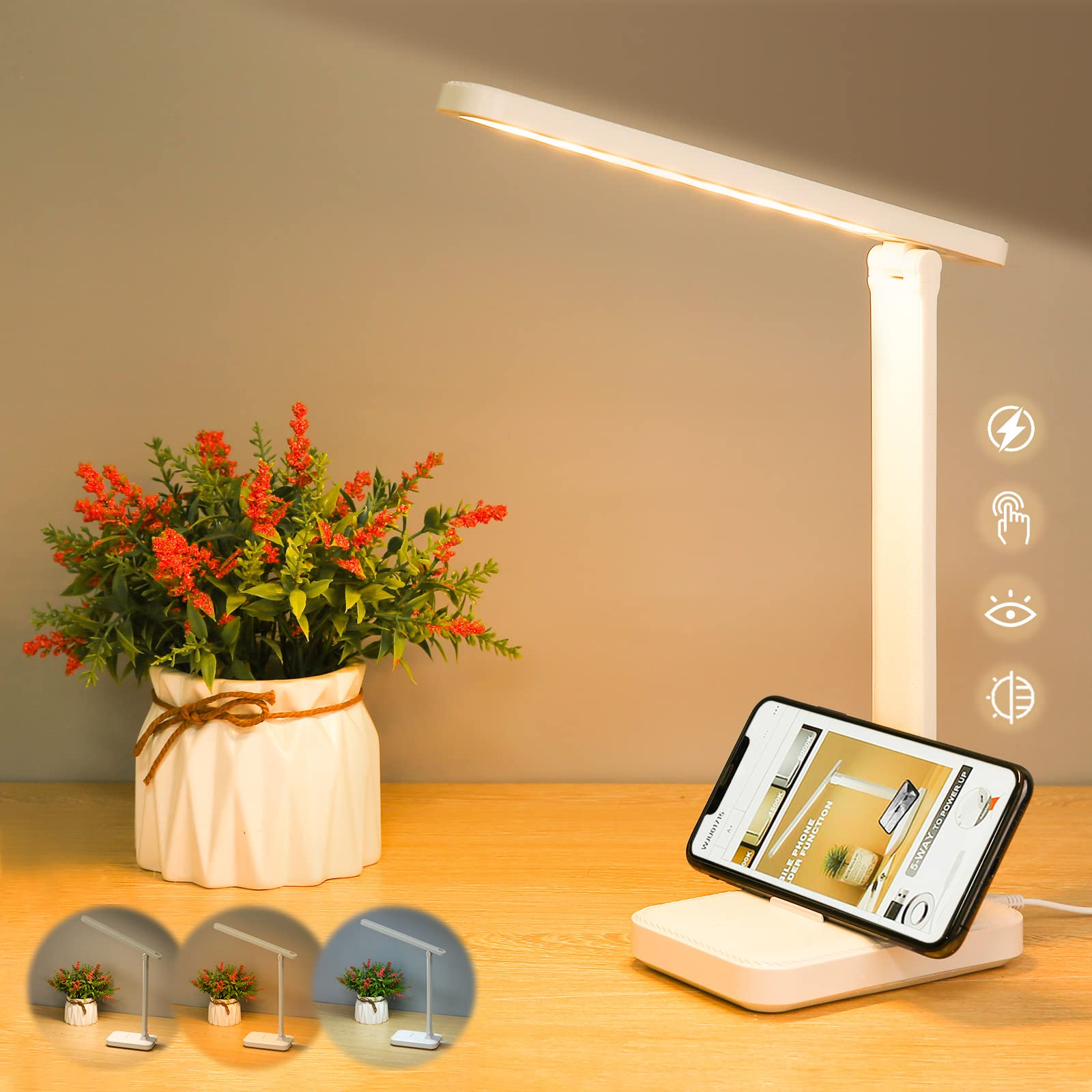 candyfouse LED Desk Lamp with Touch Control, Reading Lamp No Flicker, 3 Color Modes, Foldable Table Lamp, Eye Caring Reading Light for Office, Home, Dormitory, USB Interface DC5V 1A