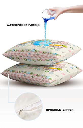 Vandarllin Outdoor Throw Pillows Covers 18X18 Set of 2 Waterproof Gnome Easter Eggs Bunny Decorative Zippered Lumbar Cushion Covers for Patio Furniture, Pink Buffalo Plaid