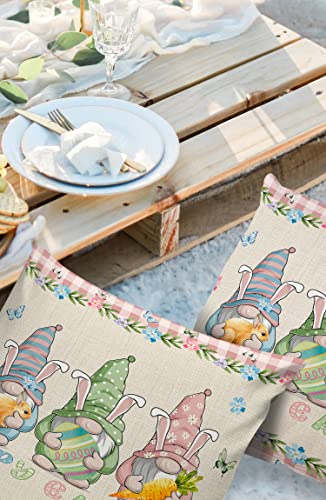 Vandarllin Outdoor Throw Pillows Covers 18X18 Set of 2 Waterproof Gnome Easter Eggs Bunny Decorative Zippered Lumbar Cushion Covers for Patio Furniture, Pink Buffalo Plaid
