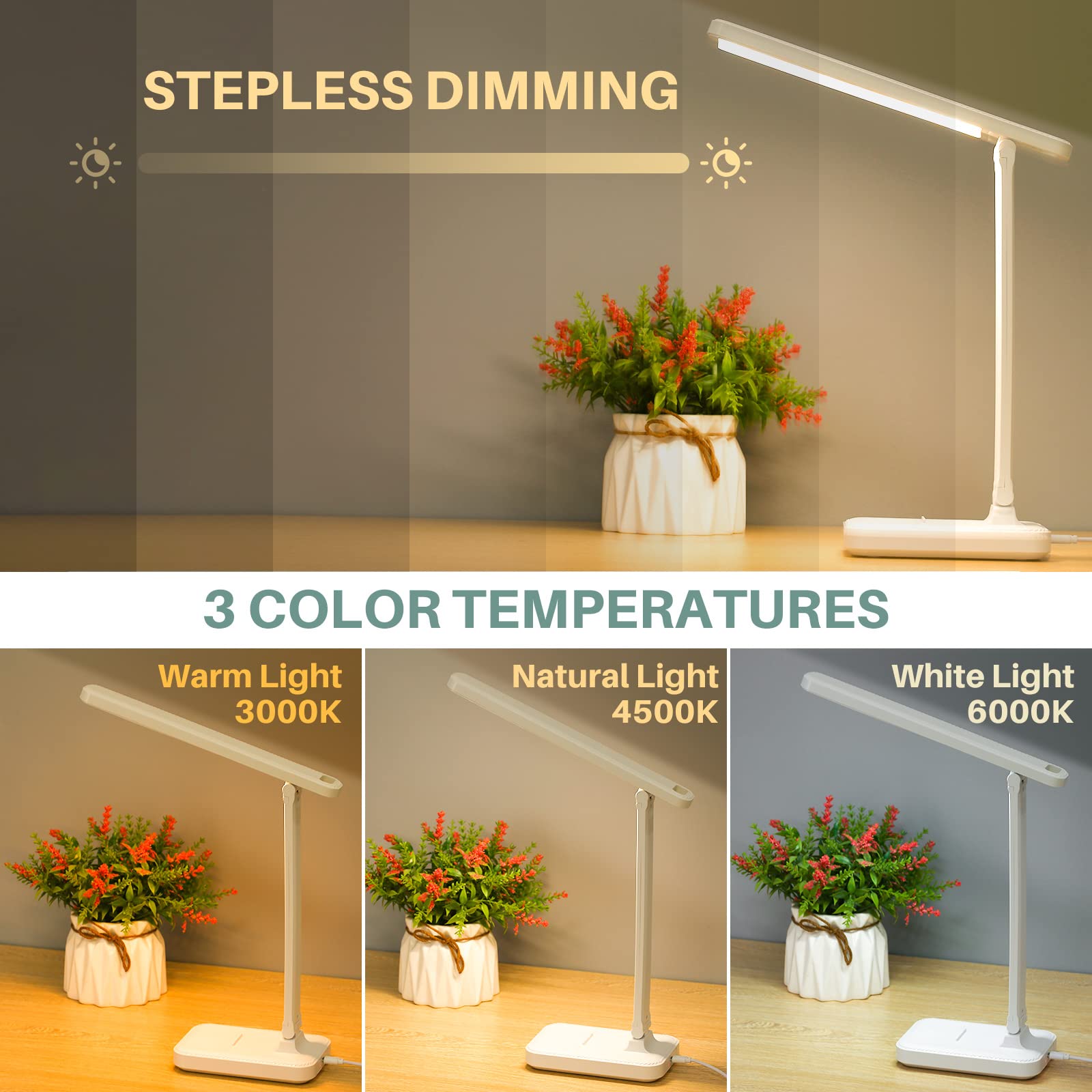 candyfouse LED Desk Lamp with Touch Control, Reading Lamp No Flicker, 3 Color Modes, Foldable Table Lamp, Eye Caring Reading Light for Office, Home, Dormitory, USB Interface DC5V 1A