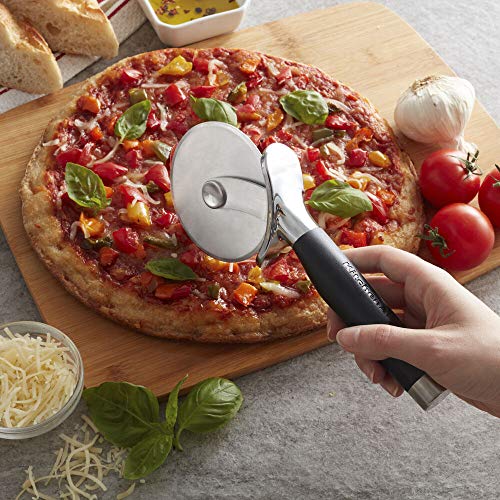 KitchenAid Gourmet Stainless Steel Pizza Wheel with Sharp Blade to Easily Cutting Pizza Crusts, Pies, and more, Finger Guard for Safety and Comfort Grip to Protect Fingers, Dishwasher Safe, Black