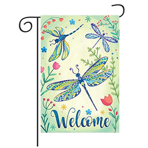 Spring Garden Flag with Welcome Quote , Burlap Double Sided Dragonfly Flower Yard Flags, Garden Flag Rustic Farmhouse Yard Outdoor Decoration (Dragonfly)