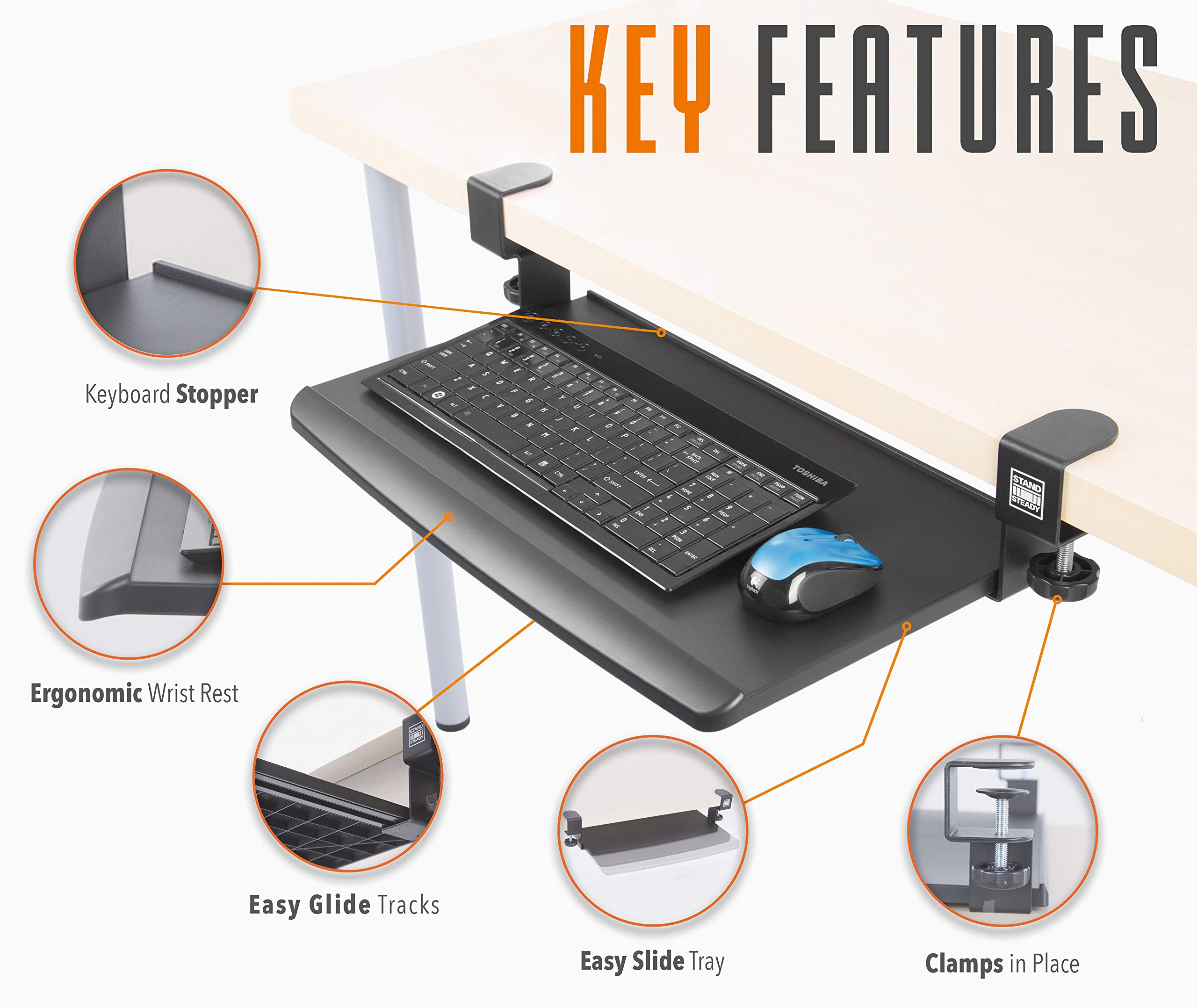 Stand Steady Clamp On Keyboard Tray | Keyboard Shelf - Small Size - Easy Install - No Need to Drill into Desk! Retractable to Slide Under Desktop | Great for Home or Office!