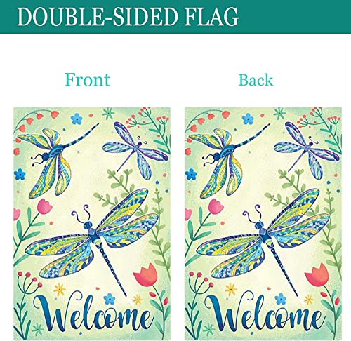 Spring Garden Flag with Welcome Quote , Burlap Double Sided Dragonfly Flower Yard Flags, Garden Flag Rustic Farmhouse Yard Outdoor Decoration (Dragonfly)