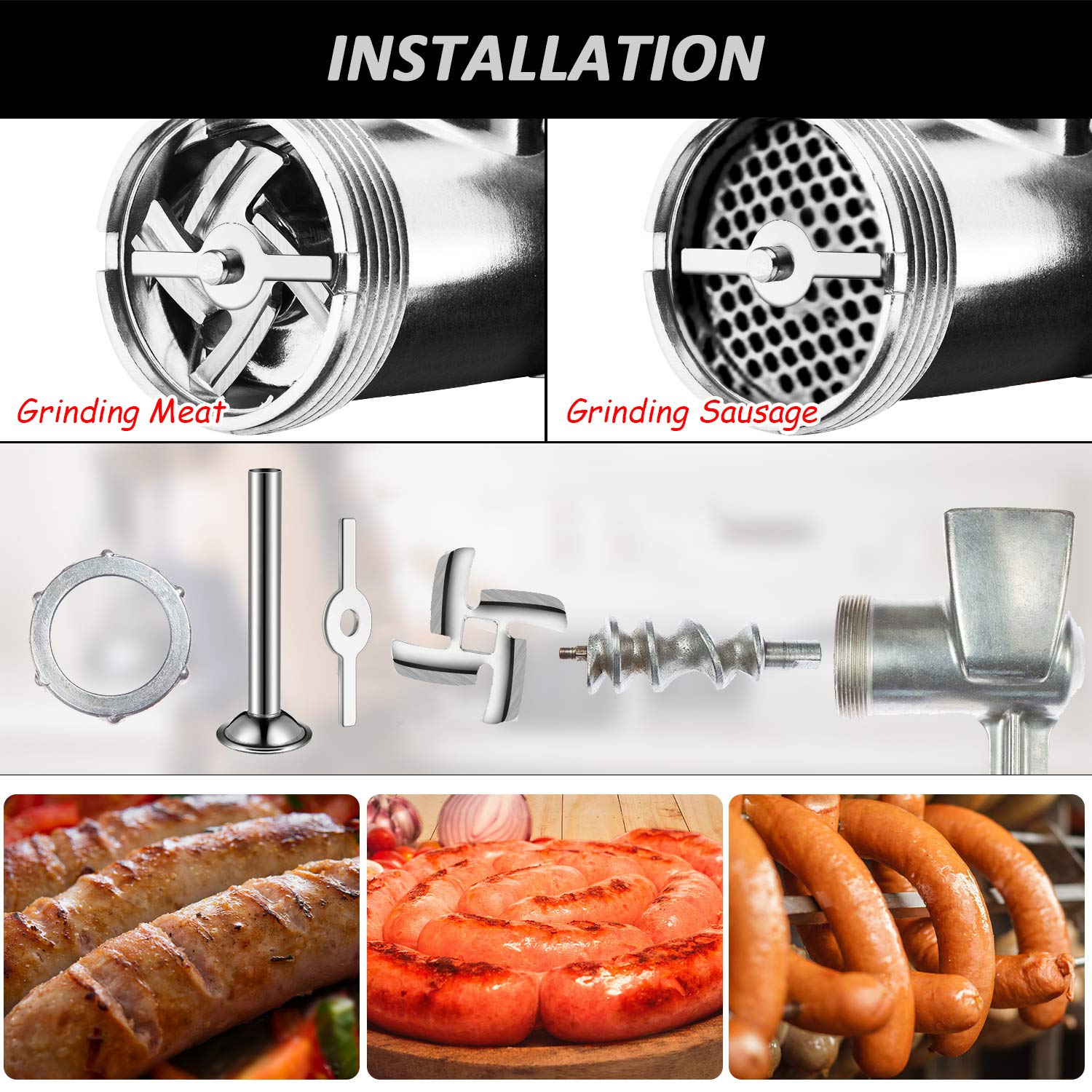 Mudder 4 Pieces Sausage Stuffer Kit 3 Different Sizes Stainless Steel Grinder Tubes with Sausage Stuffer Ring for Size 5 Meat Grinder Food Maker Kit