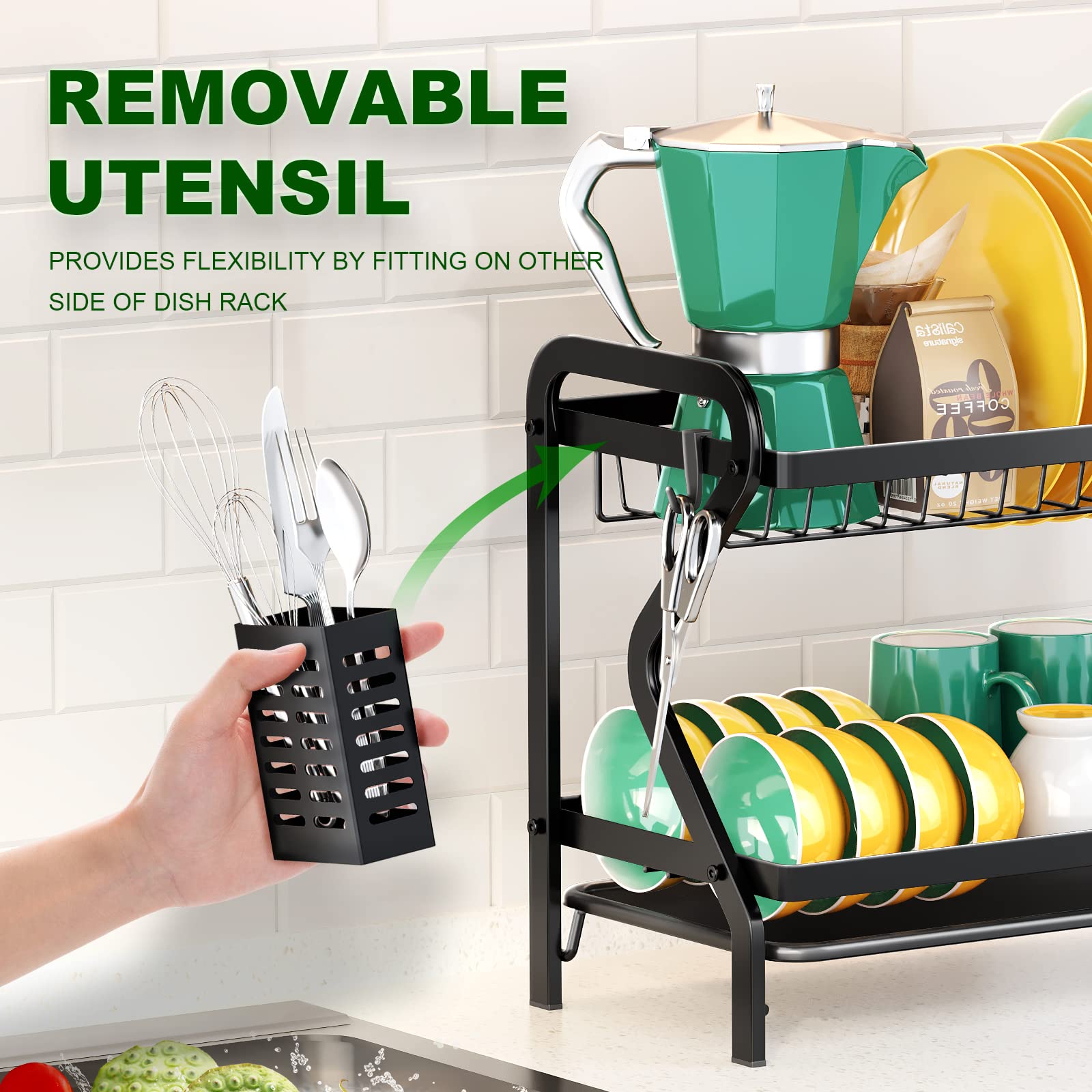 GAOKASE Dish Drying Rack with Drainboard, 2-Tier Black Dish Racks for Kitchen Counter,Dish Drainers with Removable Utensil Holder