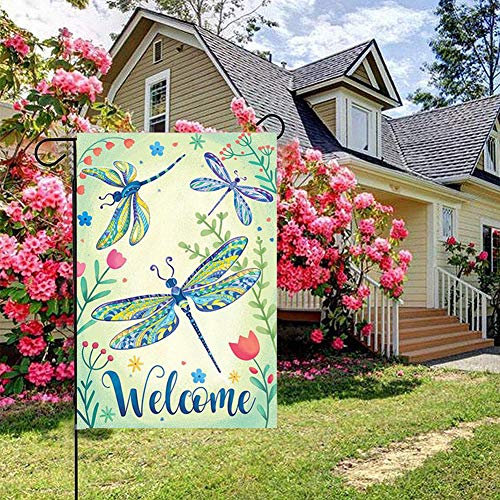 Spring Garden Flag with Welcome Quote , Burlap Double Sided Dragonfly Flower Yard Flags, Garden Flag Rustic Farmhouse Yard Outdoor Decoration (Dragonfly)