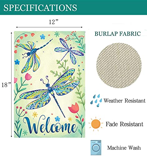 Spring Garden Flag with Welcome Quote , Burlap Double Sided Dragonfly Flower Yard Flags, Garden Flag Rustic Farmhouse Yard Outdoor Decoration (Dragonfly)
