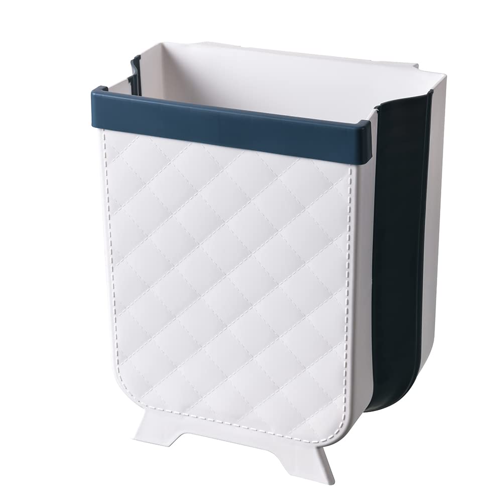 Hanging Folding Garbage Bin 2.4 Gallon Waste Bin, Plastic Waterproof Small Trash Can for Kitchen Bedroom Bathroom White and Blue