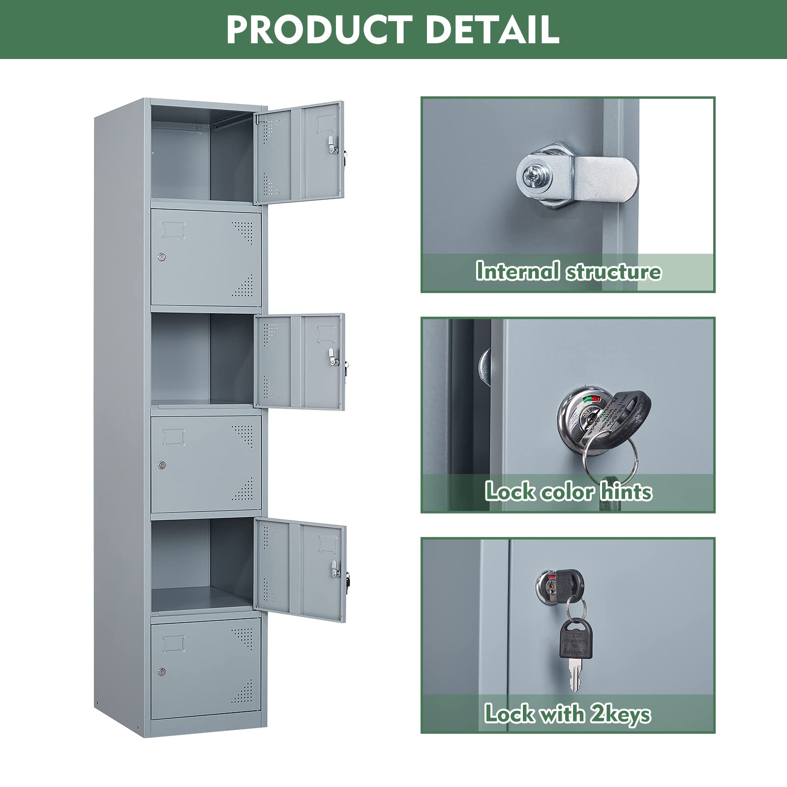 BYNSOE Metal Locker 2 Doors 71" Employees Locker Storage Cabinet Locker School Hospital Gym Locker Requires Assembly (Grey, 2 Doors)