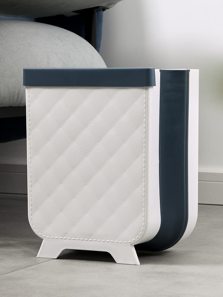 Hanging Folding Garbage Bin 2.4 Gallon Waste Bin, Plastic Waterproof Small Trash Can for Kitchen Bedroom Bathroom White and Blue
