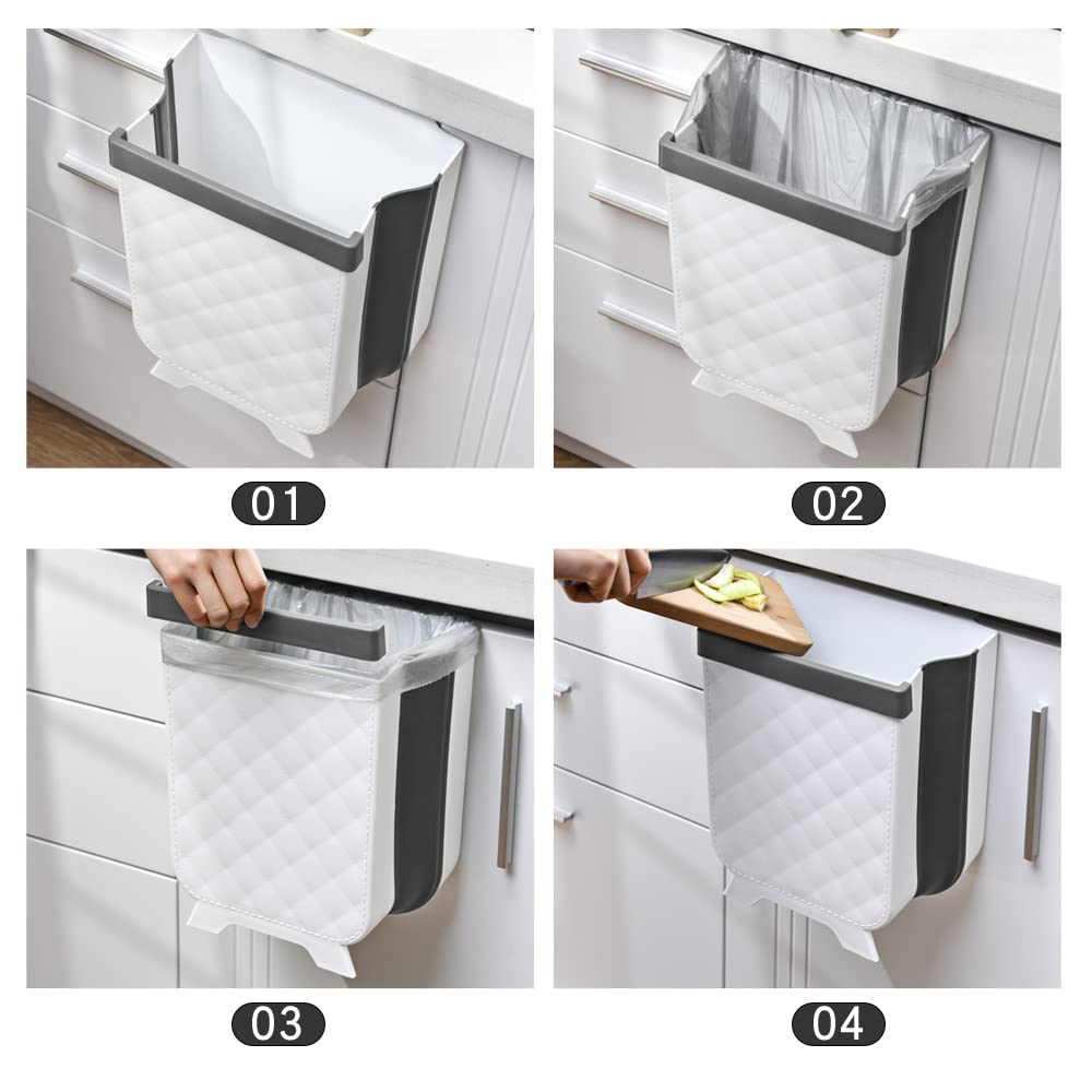 Hanging Folding Garbage Bin 2.4 Gallon Waste Bin, Plastic Waterproof Small Trash Can for Kitchen Bedroom Bathroom White and Blue