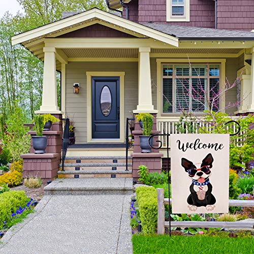Ogiselestyle Welcome Garden Flag Double Sided Cute Boston Terrier Celebrating Yard Outdoor Flag 12 x 18 Inch
