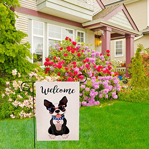 Ogiselestyle Welcome Garden Flag Double Sided Cute Boston Terrier Celebrating Yard Outdoor Flag 12 x 18 Inch