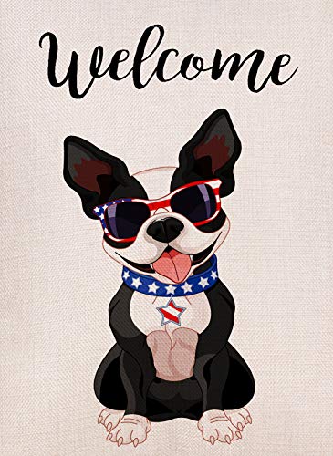 Ogiselestyle Welcome Garden Flag Double Sided Cute Boston Terrier Celebrating Yard Outdoor Flag 12 x 18 Inch