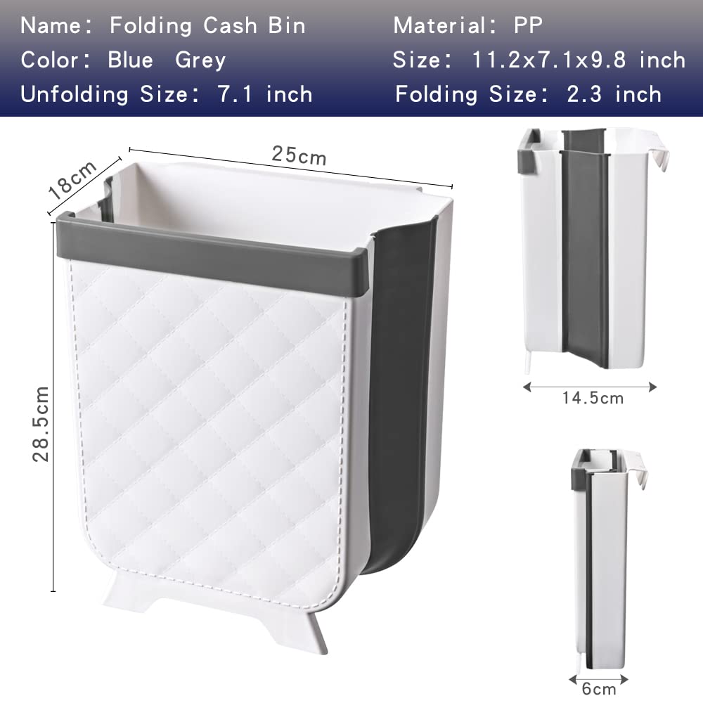 Hanging Folding Garbage Bin 2.4 Gallon Waste Bin, Plastic Waterproof Small Trash Can for Kitchen Bedroom Bathroom White and Blue