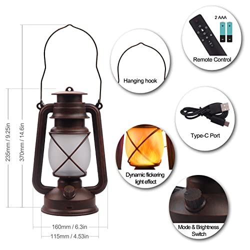 Vintage Lantern LED Battery Powered Camping Lamp Outdoor Hanging Lantern Flickering Flame Rechargeable Retro Lanterns Remote Control 4 Modes Light Non-Solar 2 Pack