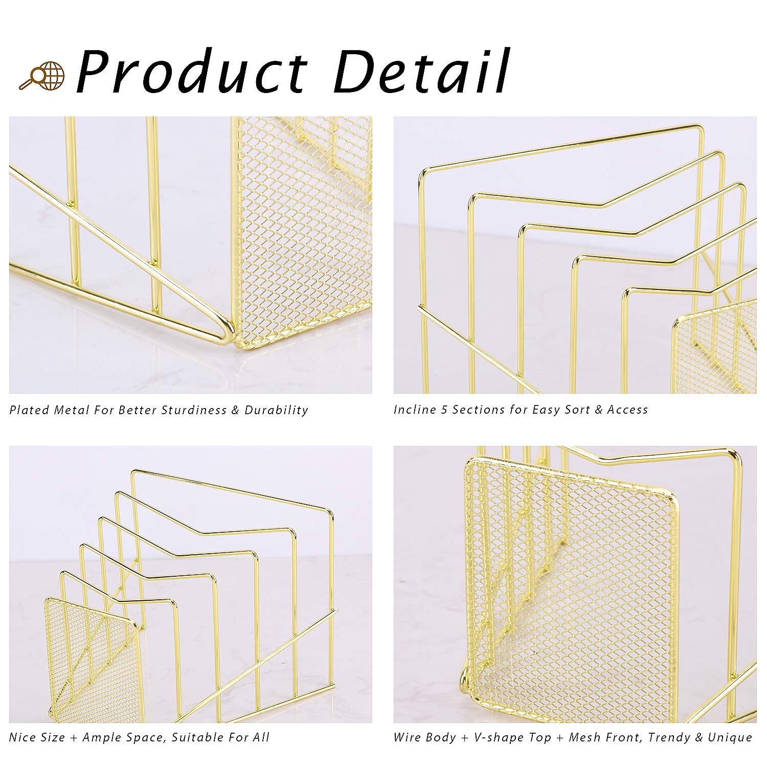 Z PLINRISE Incline File Sorter, Wire Magazine Holder Rack for Mails, Folders and Books, Desk Paper Storage Organizer for Home and Office, 5 Sections, Gold