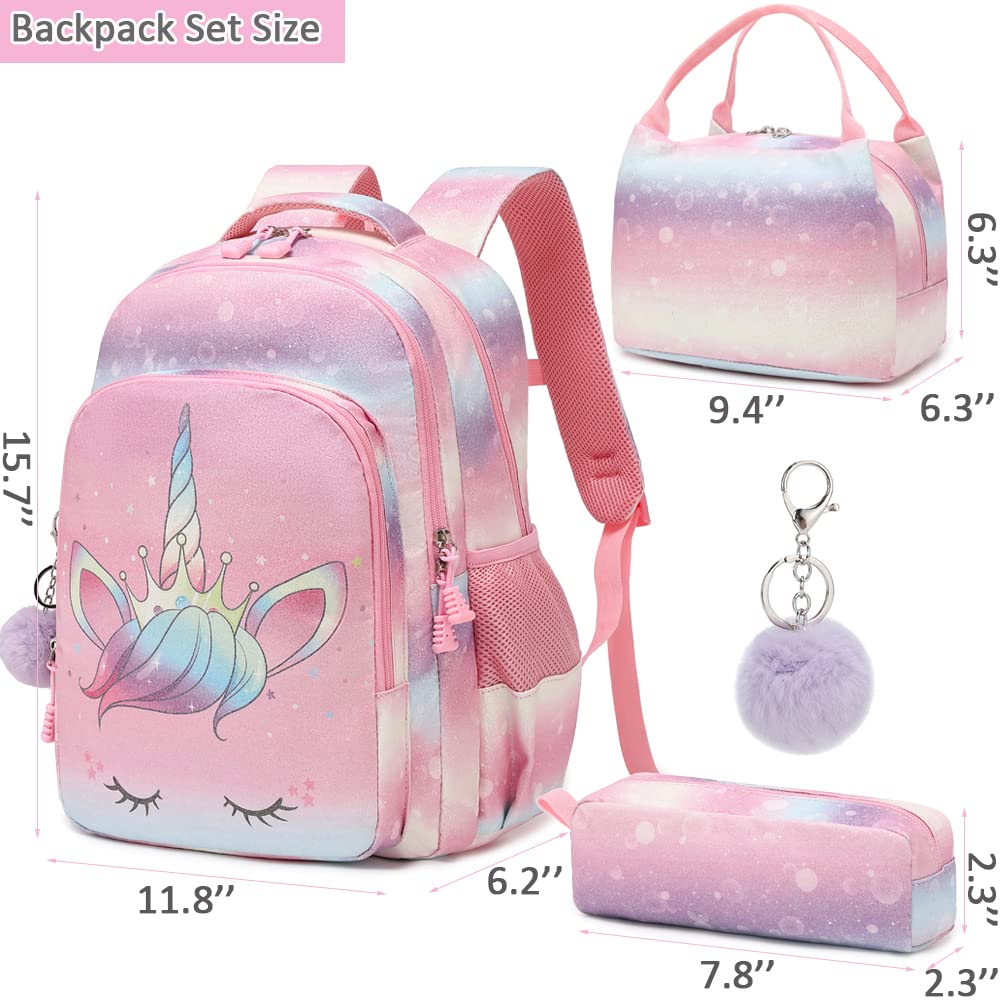 Unicorn Backpack for Girls School Backpack Glitter Rainbow Kids Backpack for Girls Bookbags 3 in 1 Set with Lunch Tote Pencil Bag