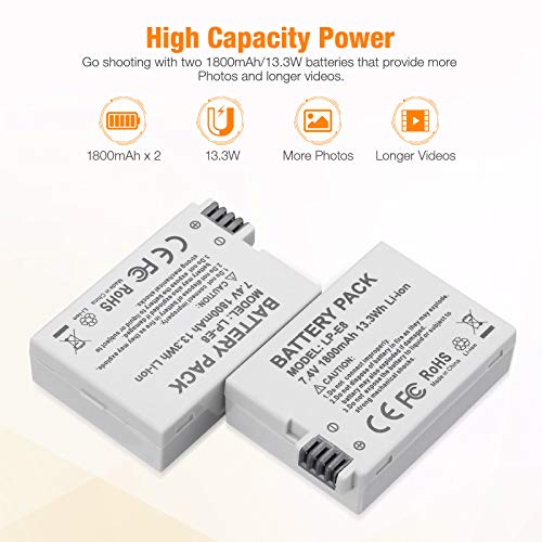 Powerextra 2 Pack Replacement Canon LP-E8 Battery with Dual Channel Charger Compatible with Canon EOS Rebel T3i, T4i, T5i, T2i, 550D, 600D, 650D, 700D, Kiss Digital X4, X5, X6i, X7i Camera