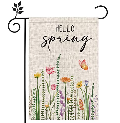 AnyDesign Hello Spring Garden Flag Double Sided Spring Floral Vertical Yard Flag Waterproof Watercolor Seasonal Flower Decorative Outdoor Flag for Farmhouse Lawn Patio, 12.5 x 18 Inch