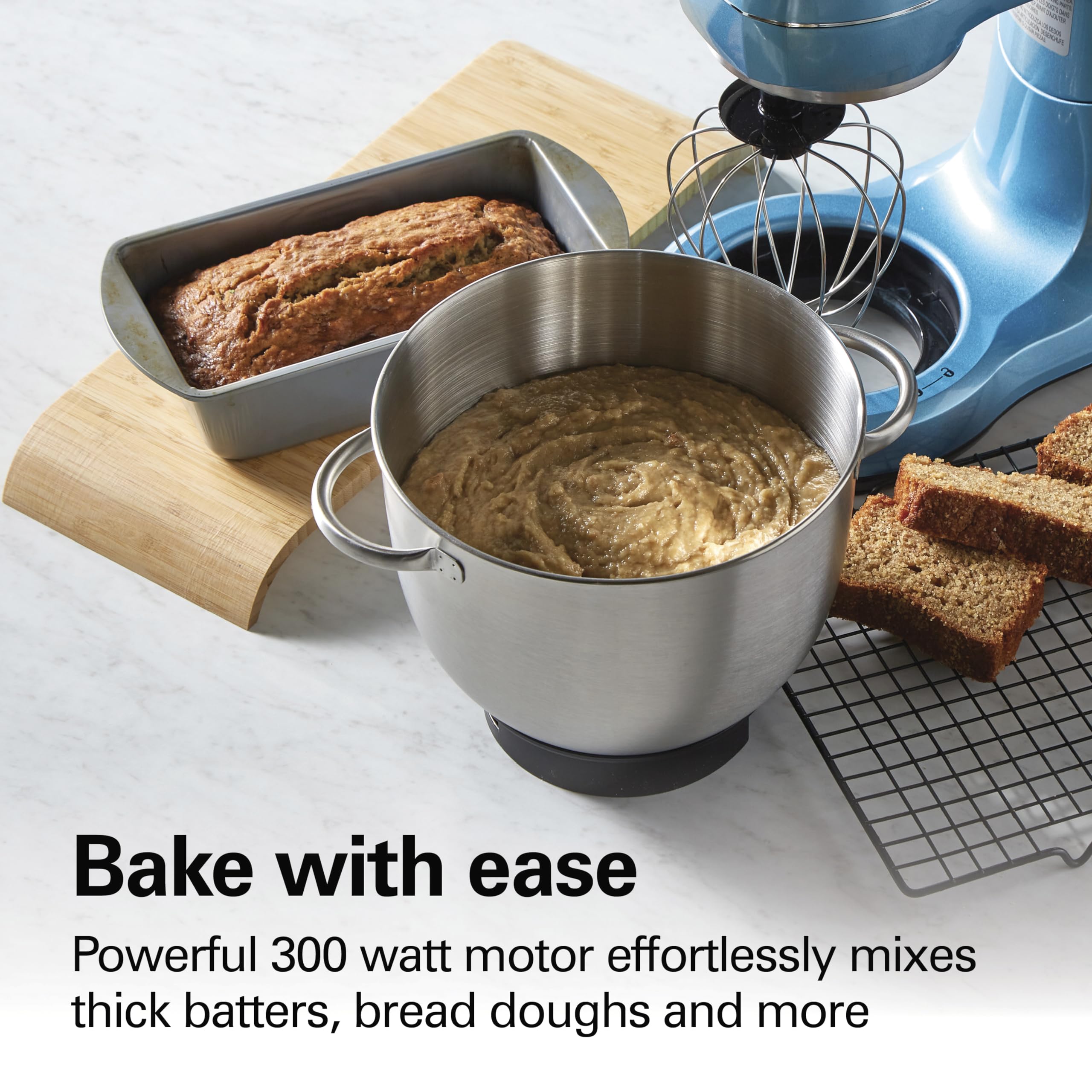 Hamilton Beach Electric Stand Mixer, 4 Quarts, Dough Hook, Flat Beater Attachments, Splash Guard 7 Speeds with Whisk, Blue