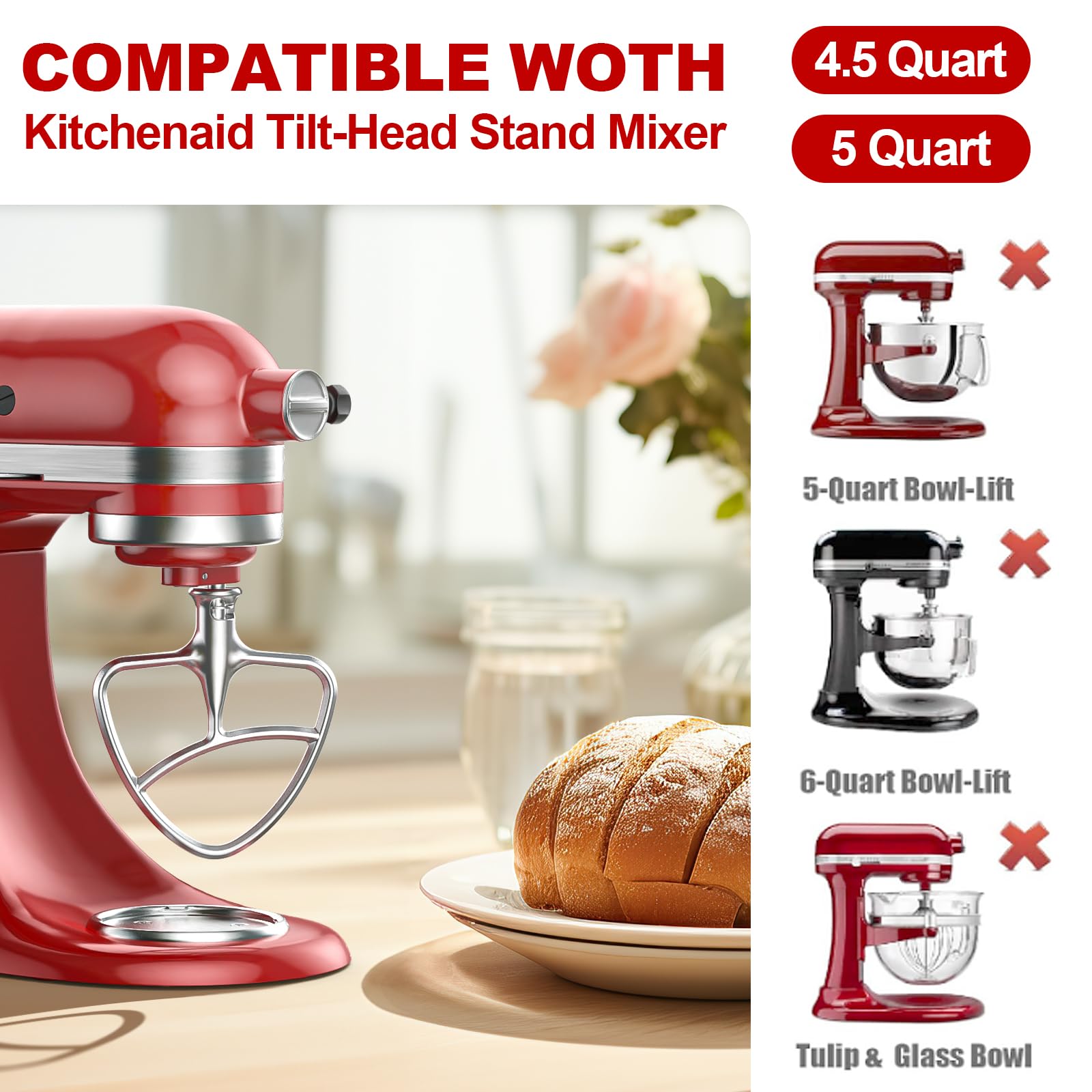 Stainless Steel Flat Beater for KitchenAid Mixer, Paddle Attachment for Tilt-Head Stand Mixer Fits 4.5-5 QT Mixing Bowl, Beater Replacement, Dishwasher Safe by GVODE