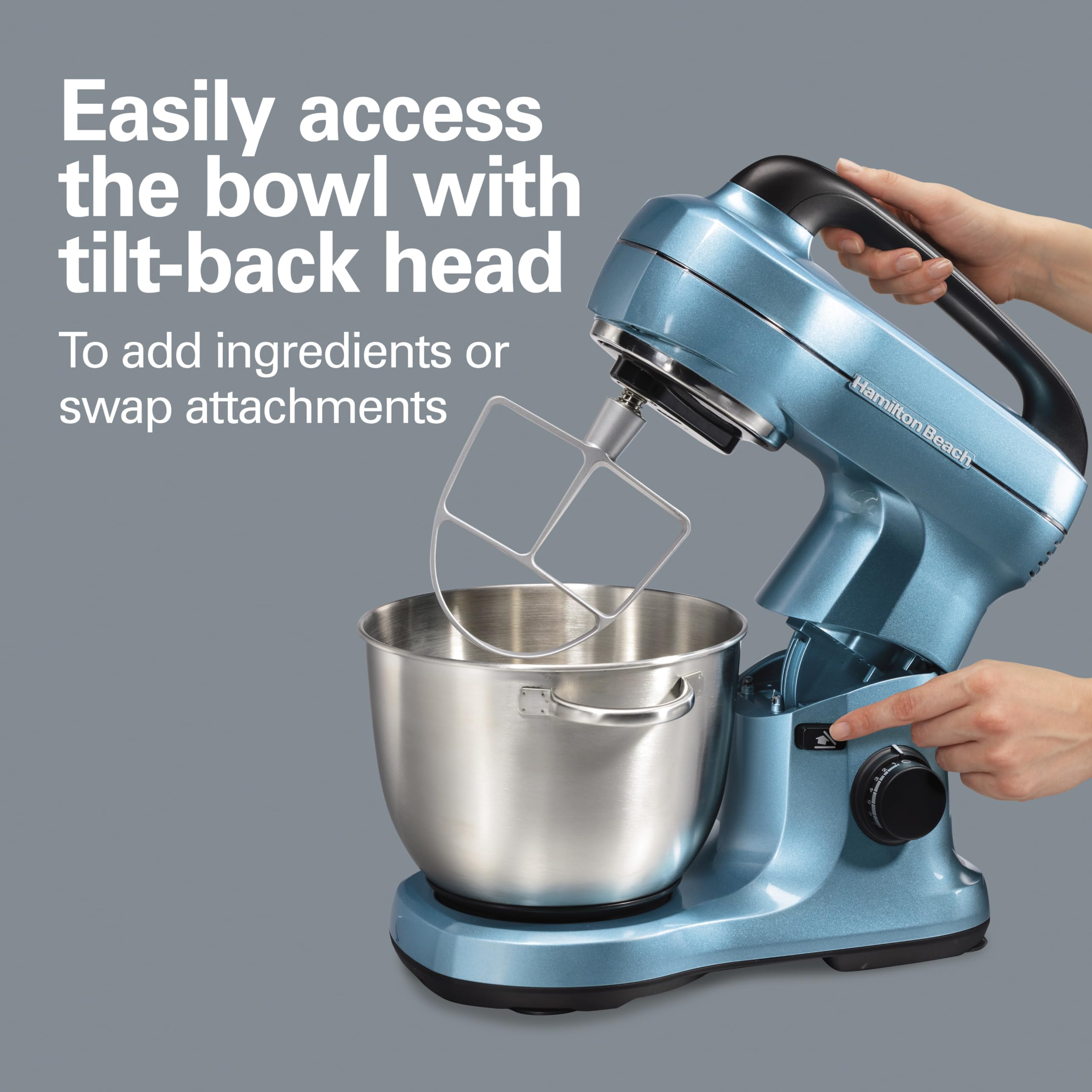 Hamilton Beach Electric Stand Mixer, 4 Quarts, Dough Hook, Flat Beater Attachments, Splash Guard 7 Speeds with Whisk, Blue