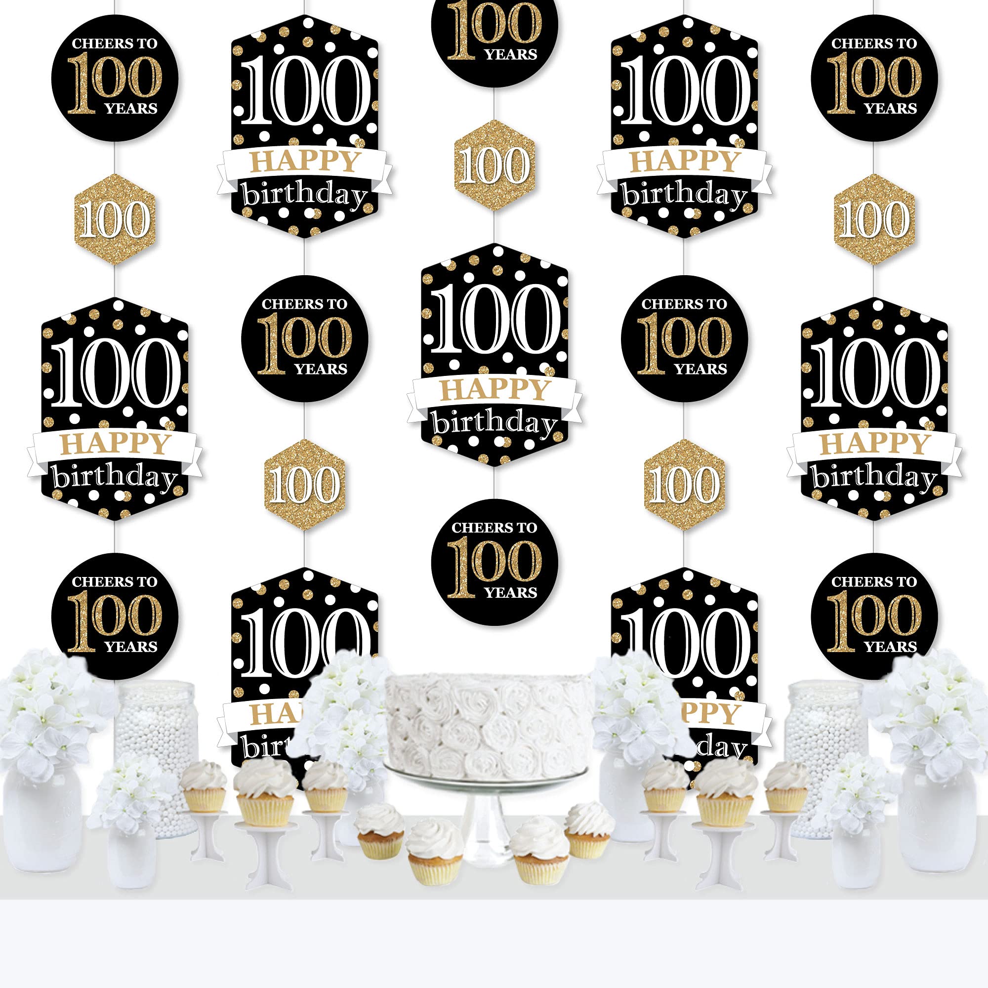 Big Dot of Happiness Adult 100th Birthday - Gold - Birthday Party DIY Dangler Backdrop - Hanging Vertical Decorations - 30 Pieces