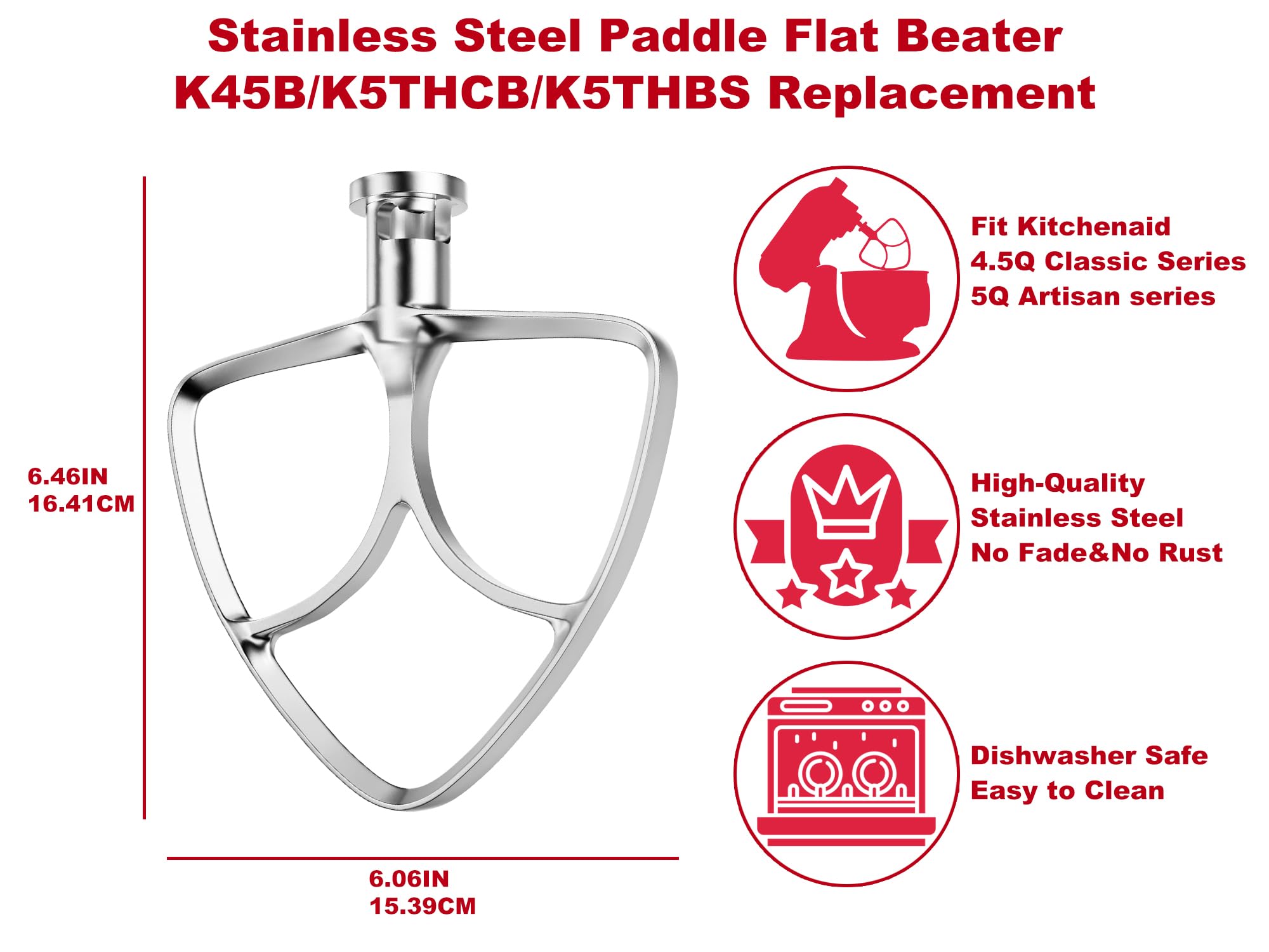 Stainless Steel Flat Beater for KitchenAid 4.5-5QT Tilt-Head Bowls,Fit for Classic, Classic Plus and Artisan Serie K45SS,KSM75,KSM90,KSM95,KSM150,Dishwasher Safe Paddle Attachment for Kitchenaid Mixer