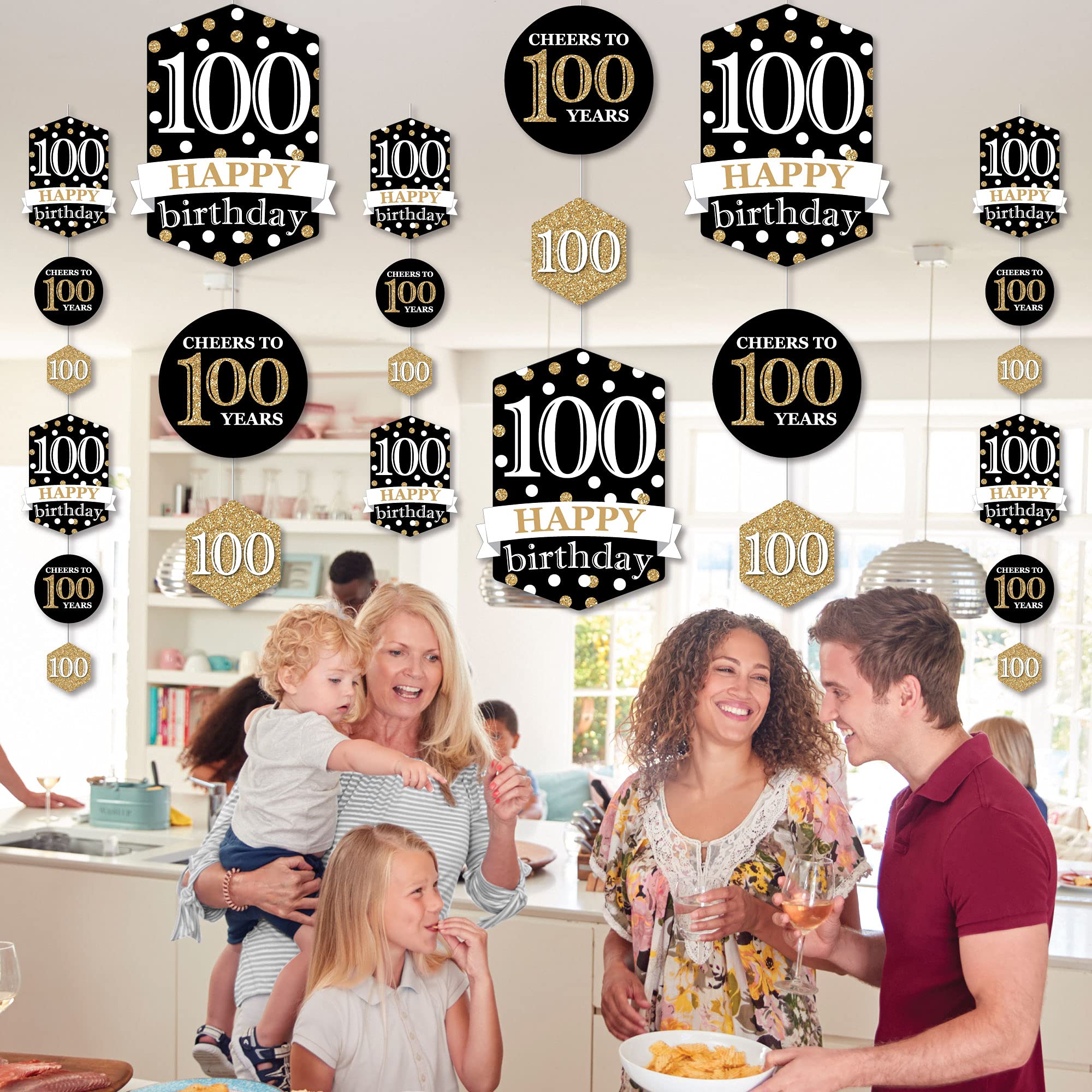 Big Dot of Happiness Adult 100th Birthday - Gold - Birthday Party DIY Dangler Backdrop - Hanging Vertical Decorations - 30 Pieces