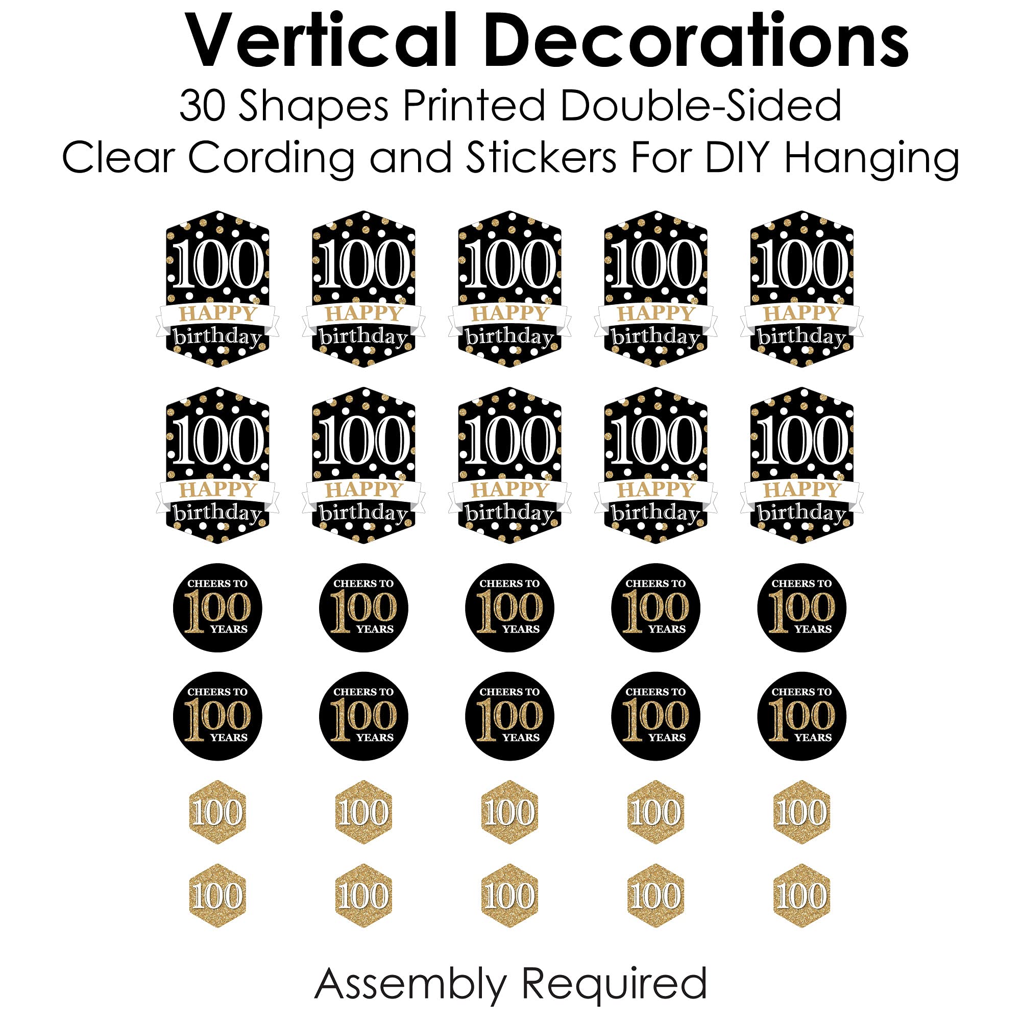 Big Dot of Happiness Adult 100th Birthday - Gold - Birthday Party DIY Dangler Backdrop - Hanging Vertical Decorations - 30 Pieces