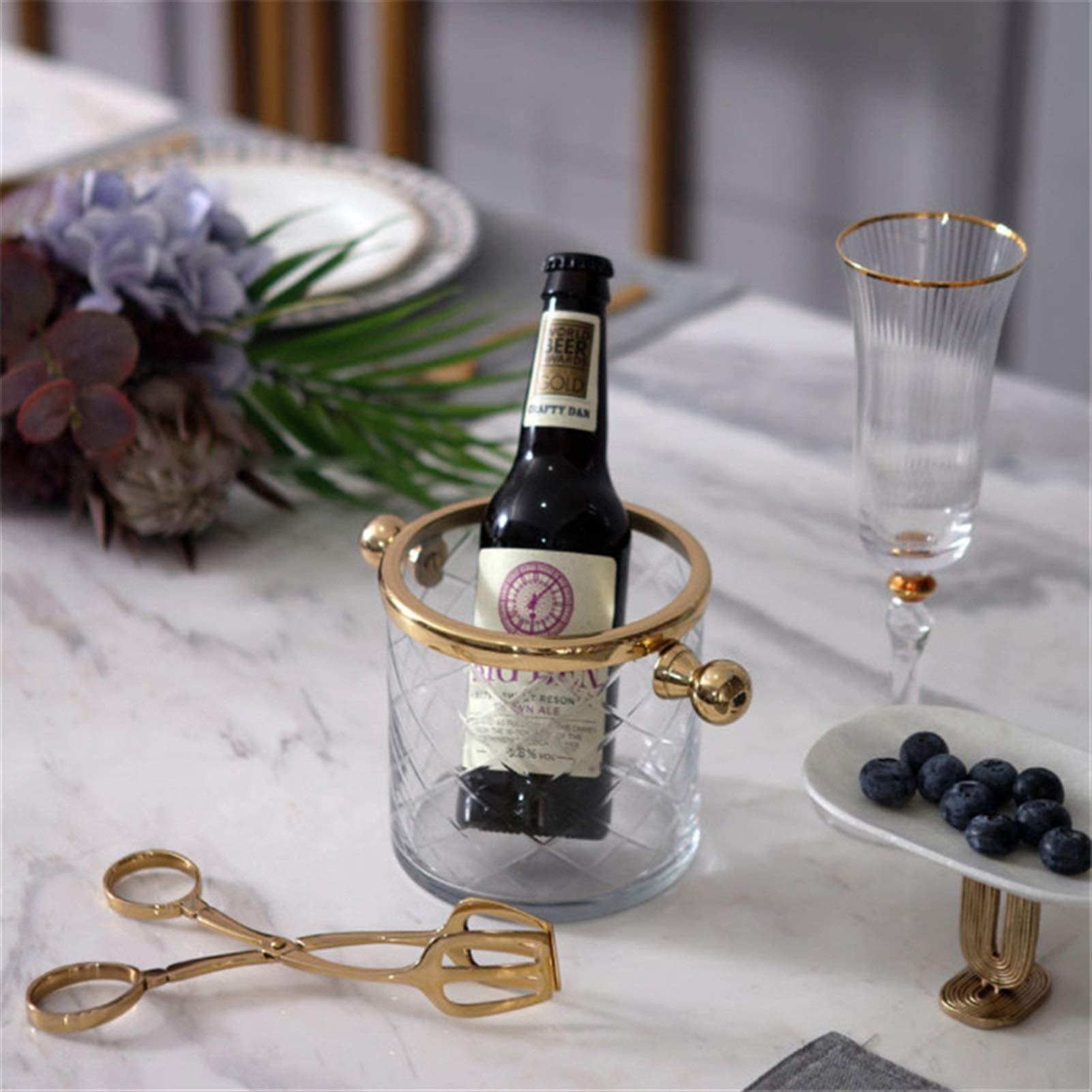 SOSSEG Ice Bucket, Ice Bucket, Handmade Glass ice Bucket with ice Clip Dining Table Cooler Wine Wine Rack ice Bucket Champagne can Cooler Wine Chiller Bucket