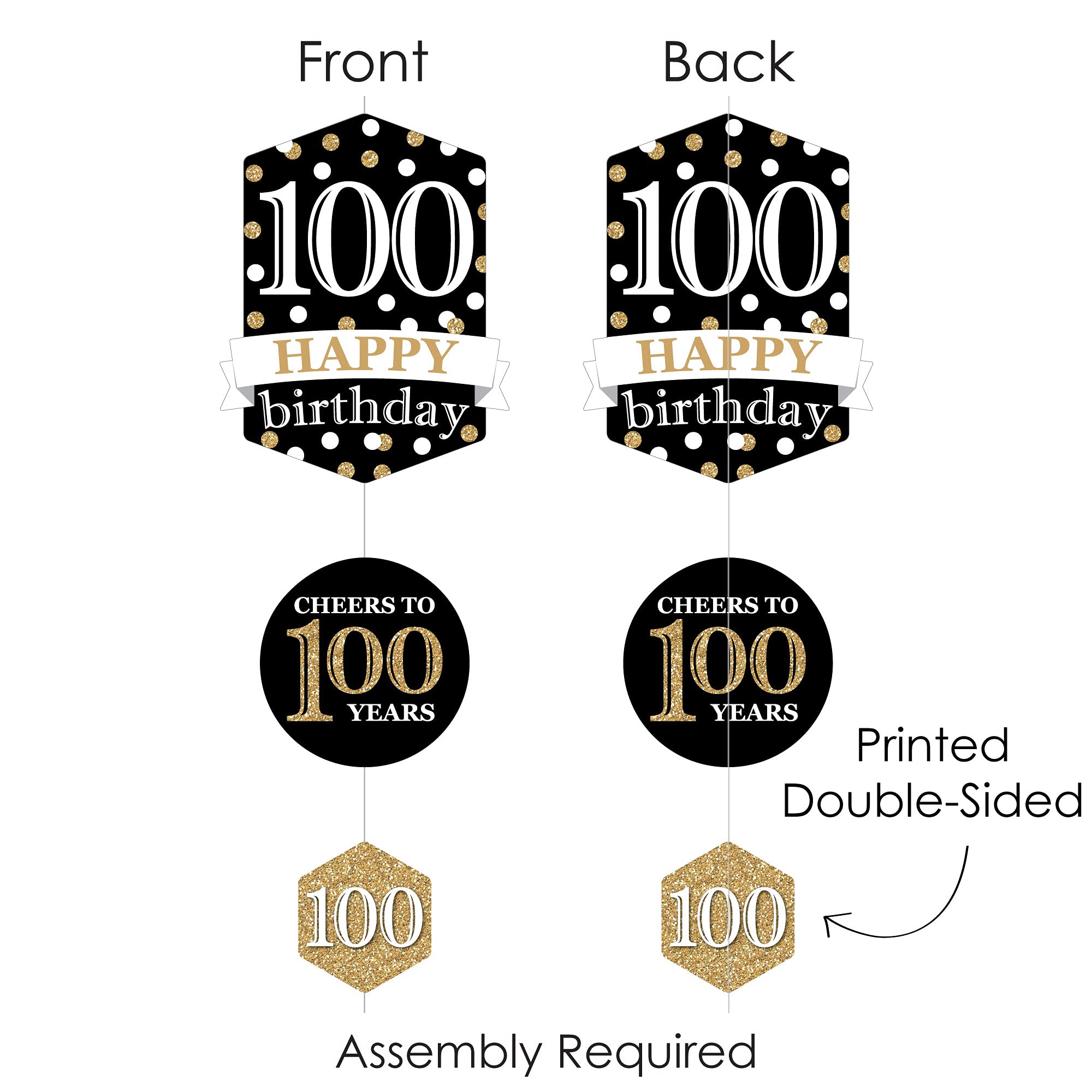 Big Dot of Happiness Adult 100th Birthday - Gold - Birthday Party DIY Dangler Backdrop - Hanging Vertical Decorations - 30 Pieces