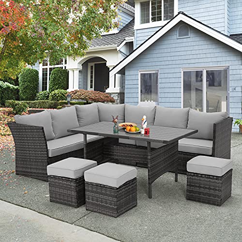 U-MAX 7 Piece Outdoor Patio Furniture Set, PE Rattan Wicker Sofa Set, Outdoor Sectional Furniture Set with Dining Table,Gray