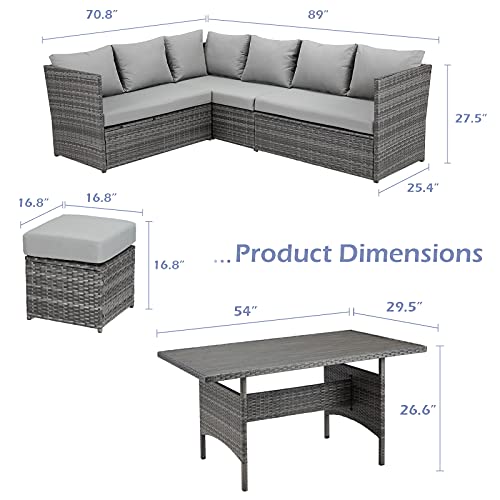 U-MAX 7 Piece Outdoor Patio Furniture Set, PE Rattan Wicker Sofa Set, Outdoor Sectional Furniture Set with Dining Table,Gray